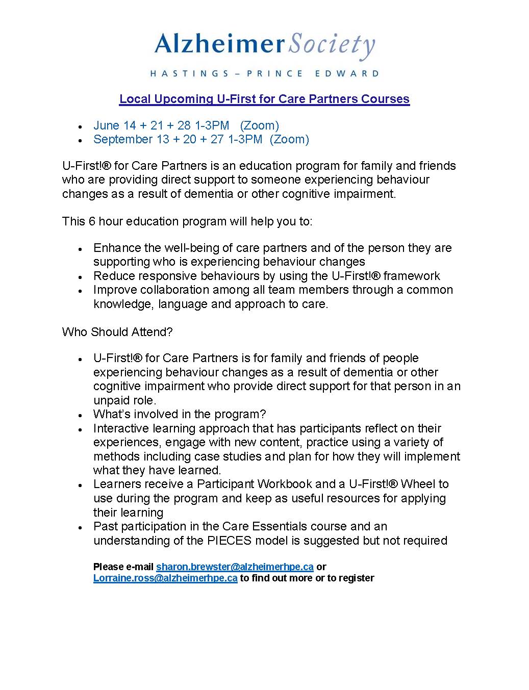 U-First For Care Partners Course | Alzheimer Society of Hastings-Prince ...